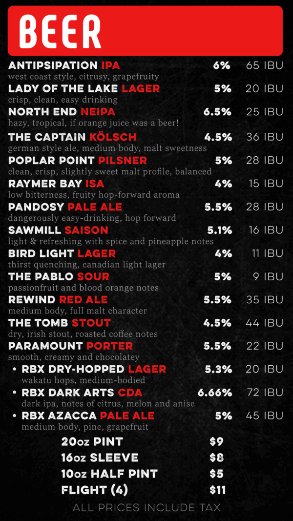 Menu - Red Bird Brewing