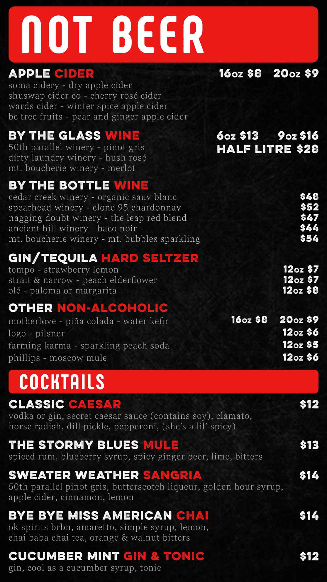 Menu - Red Bird Brewing