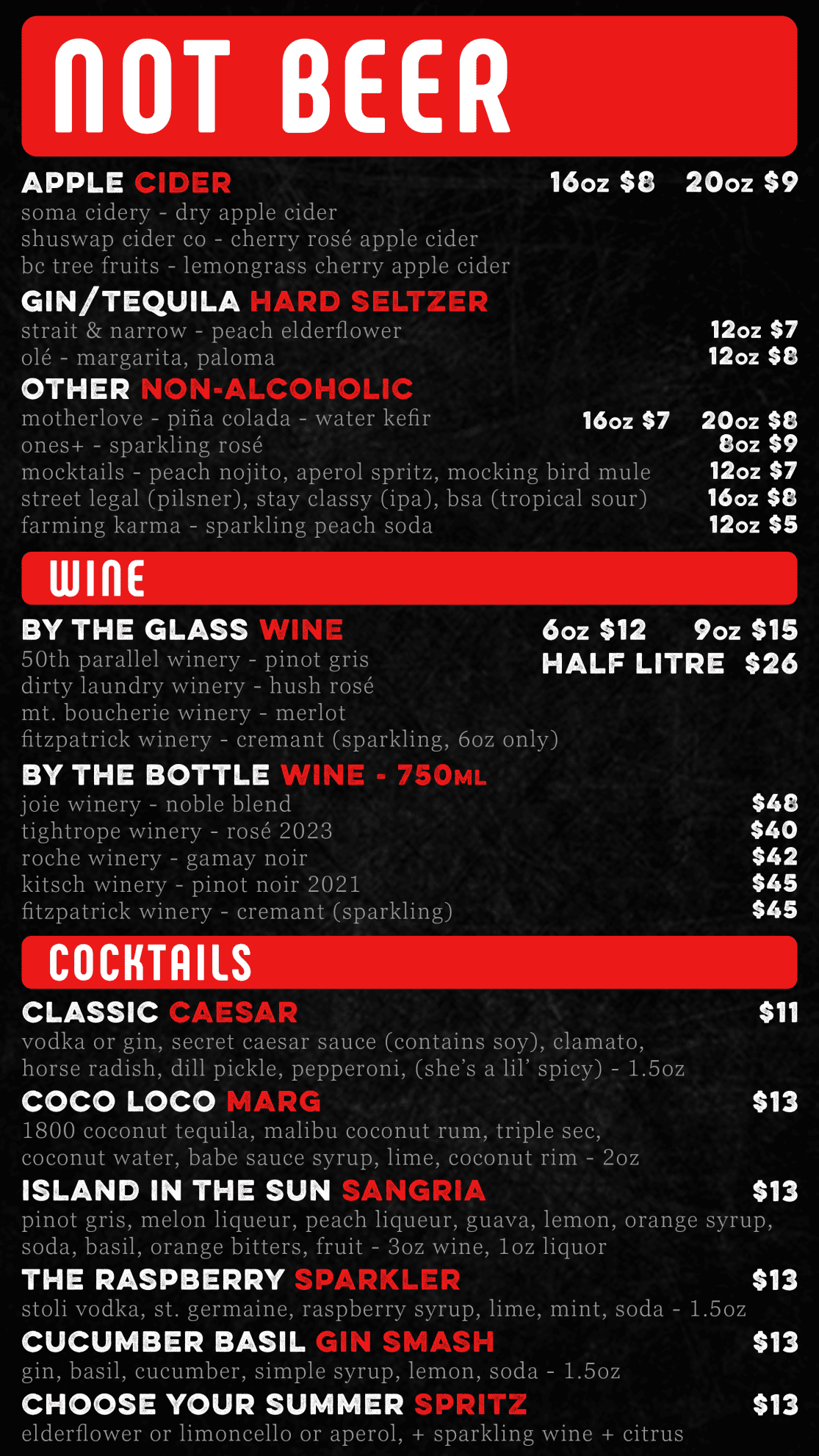 Red Bird Brewing - Food & Drinks Menu
